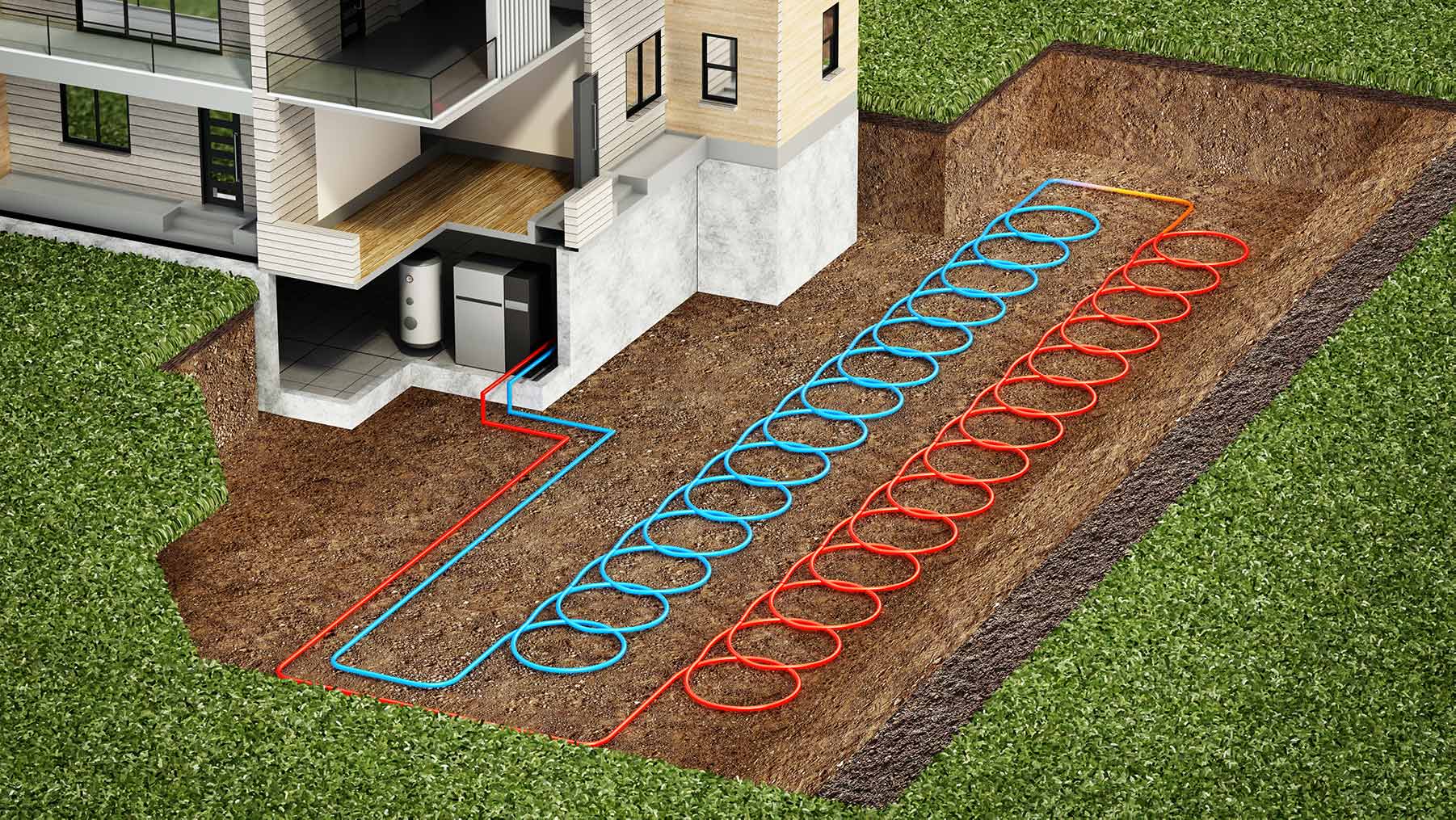 Orange and blue wires connected to house to form geothermal heat pump